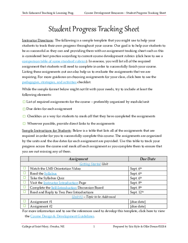 (PDF) Student Progress Tracking Sheet