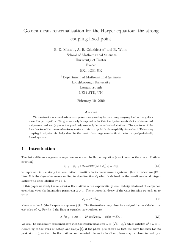 (PDF) Golden mean renormalisation for the Harper equation: the strong ...