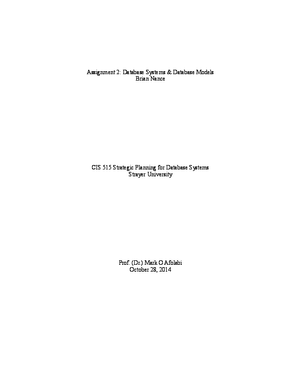 (DOC) Assignment 2: Database Systems & Database Models (DOC) Assignment 2: Database Systems & Database Models
