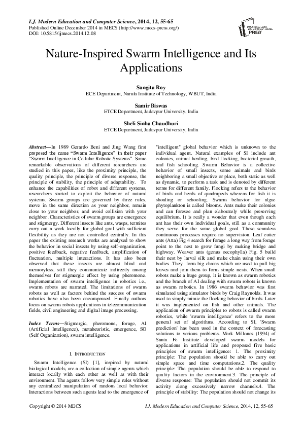 (PDF) Nature Inspired Swarm Intelligence and Its Applications