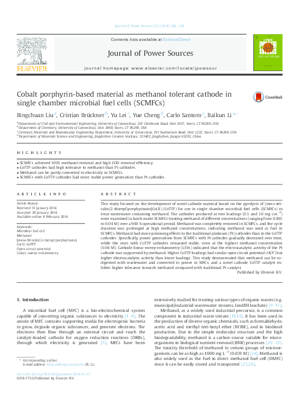 (PDF) Cobalt porphyrin-based material as methanol tolerant cathode in single chamber microbial ...
