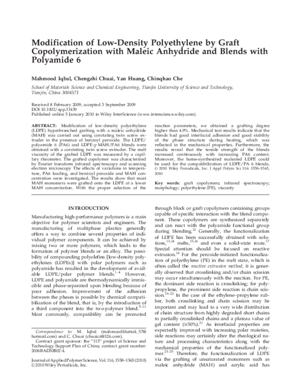 (PDF) Modification of low-density polyethylene by graft copolymerization with maleic anhydride ...