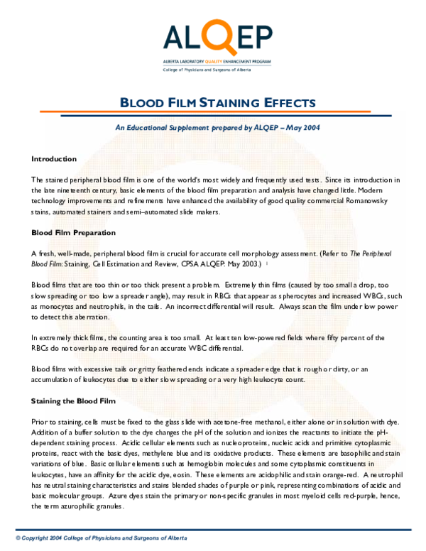 (PDF) Blood Film Staining Effects Educational Document