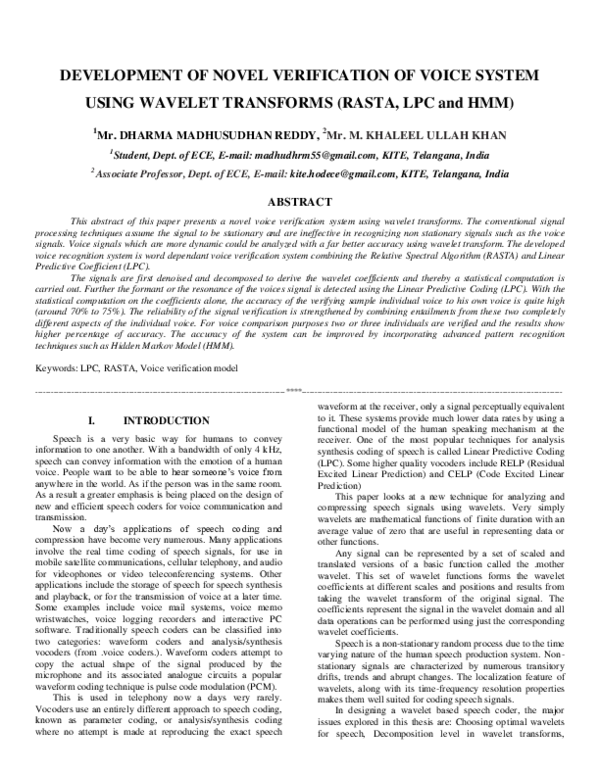 (DOC) DEVELOPMENT OF NOVEL VERIFICATION OF VOICE SYSTEM USING WAVELET TRANSFORMS (RASTA, LPC and HMM