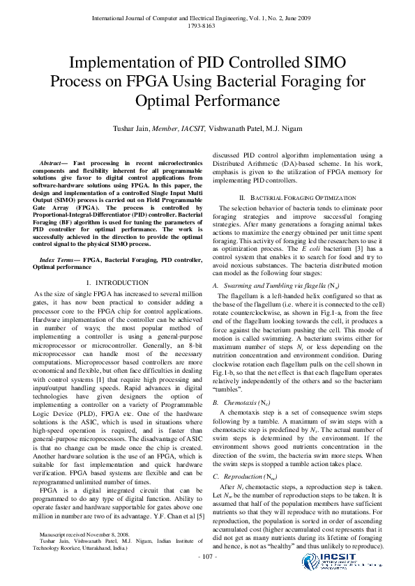 Pdf Implementation Of Pid Controlled Simo Process On Fpga Using Bacterial Foraging For Optimal