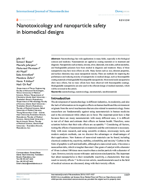 (PDF) Nanotoxicology and nanoparticle safety in biomedical designs