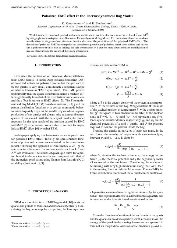(PDF) Polarized EMC effect in the Thermodynamical Bag Model