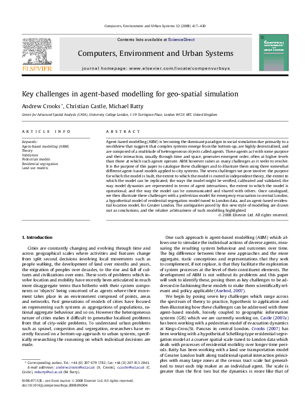 (PDF) Key Challenges in Agent-Based Modelling for Geo-spatial Simulation