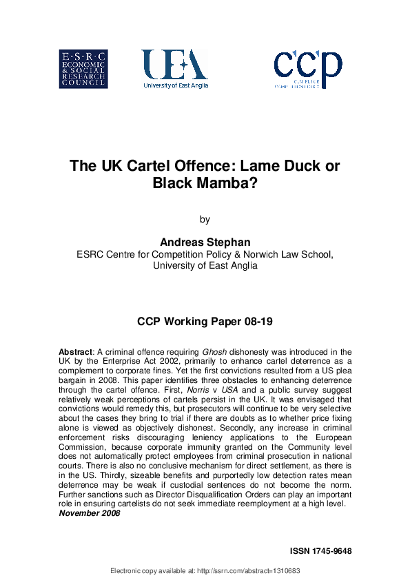 (PDF) The UK Cartel Offence: Lame Duck or Black Mamba?