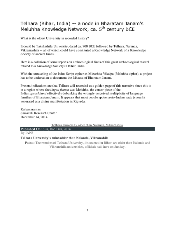 (PDF) Telhara (Bihar, India) -- a node in Bharatam Janam’s Meluhha ...