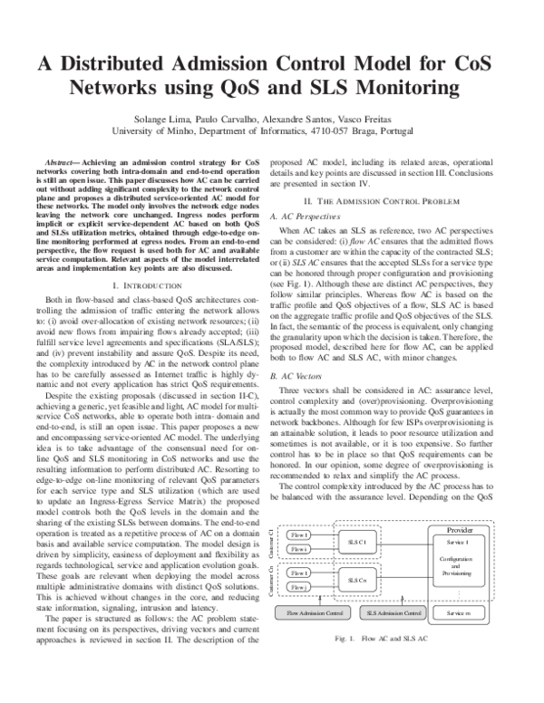 Pdf A Distributed Admission Control Model For Cos Networks Using Qos And Sls Monitoring