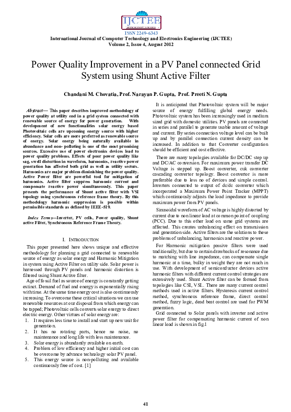 (PDF) Power Quality Improvement in a PV Panel connected Grid System using Shunt Active Filter