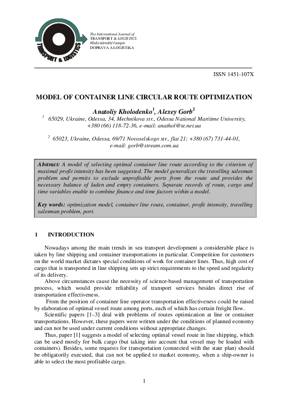 (PDF) MODEL OF CONTAINER LINE CIRCULAR ROUTE OPTIMIZATION