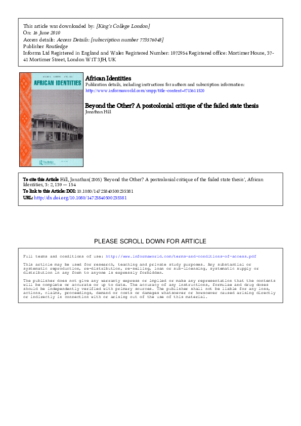 (PDF) Beyond the Other? A Postcolonial Critique of the Failed State Thesis