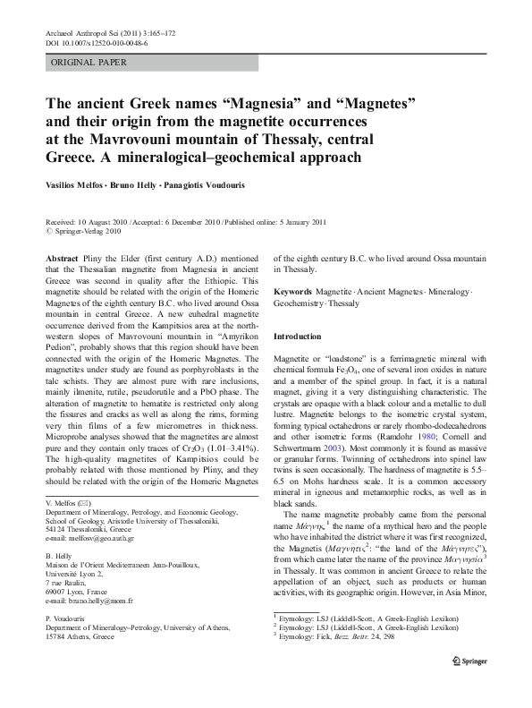 The ancient Greek names “Magnesia” and “Magnetes” and their origin from ...