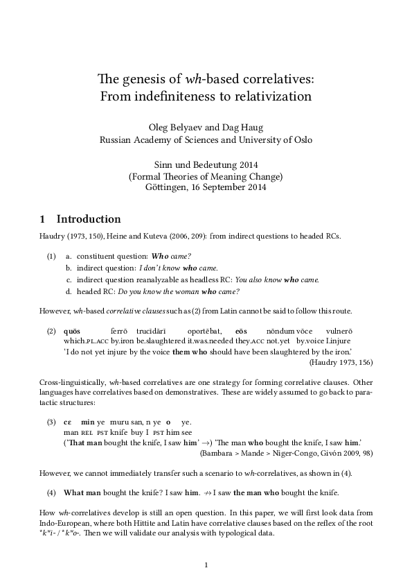 (PDF) The genesis of Wh-based correlatives: From indefiniteness to relativization [Oleg Belyaev ...