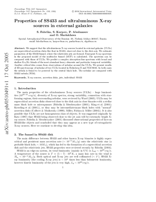 (PDF) Properties of SS433 and ultraluminous X-ray sources in external galaxies