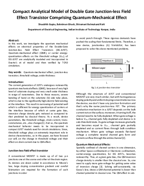 Pdf Compact Analytical Model Of Double Gate Junction Less Field Effect Transistor Comprising