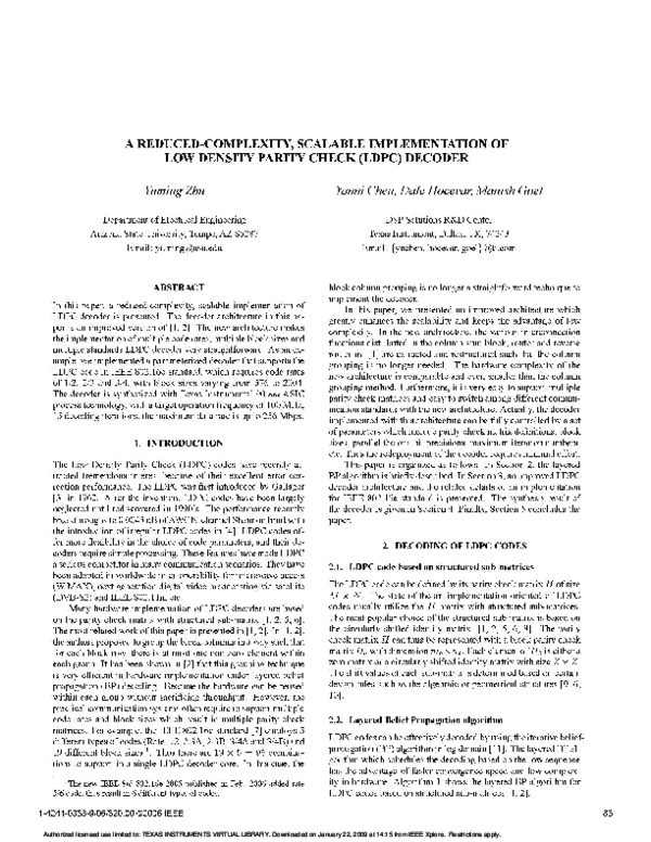 Pdf A Reduced Complexity Scalable Implementation Of Low Density Parity Check Ldpc Decoder