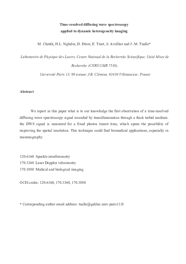 (PDF) Time-resolved diffusing wave spectroscopy applied to dynamic heterogeneity imaging