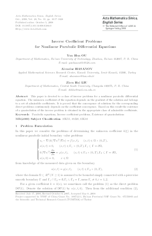 Pdf An Inverse Coefficient Problems For Nonlinear Parabolic