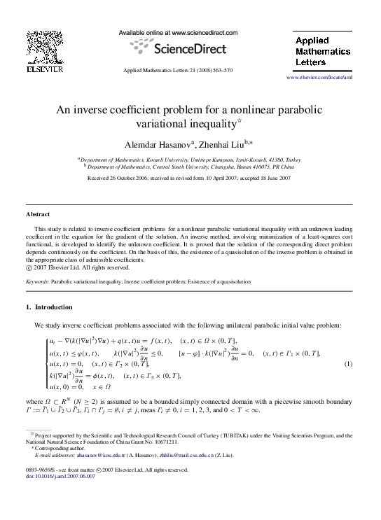 Pdf An Inverse Coefficient Problemfor For A Nonlinear Parabolic Variational Inequality