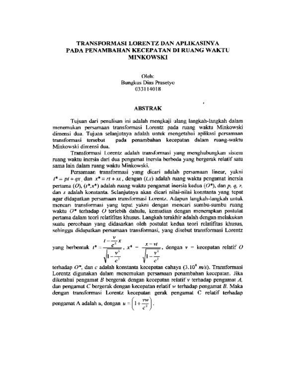 (PDF) TRANSFORMASI LORENTZ DAN APLIKASINYA