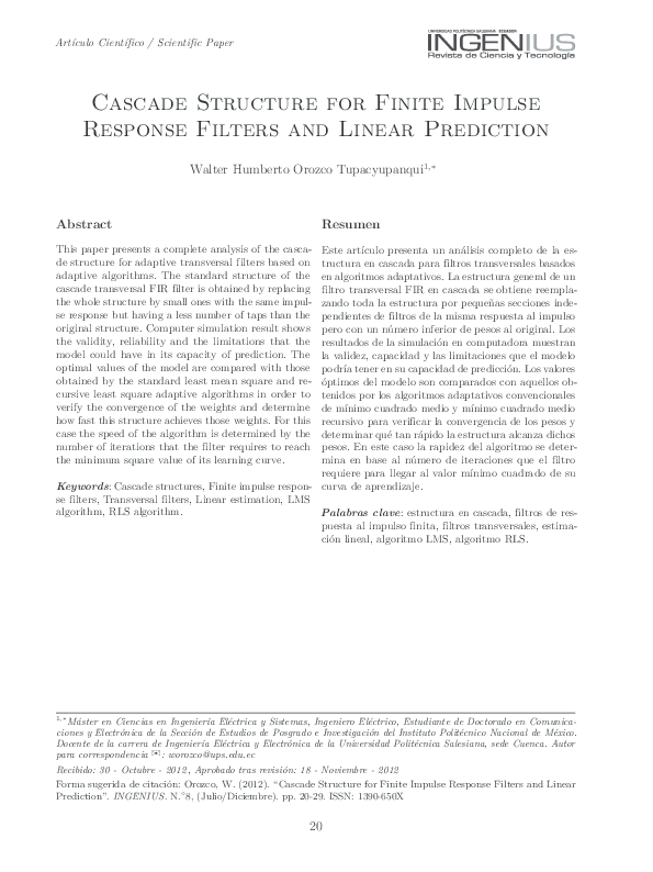 (PDF) Cascade Structure for Finite Impulse Response Filters and Linear Prediction