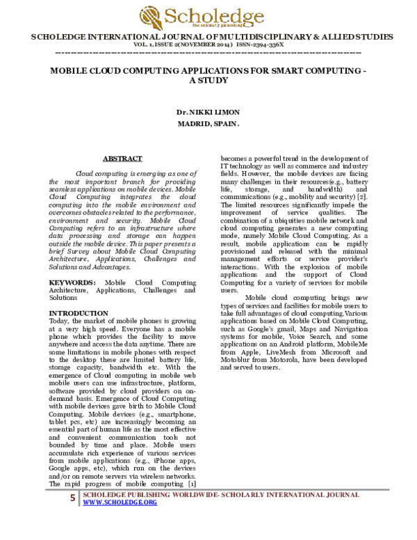 (PDF) MOBILE CLOUD COMPUTING APPLICATIONS FOR SMART COMPUTING - A STUDY