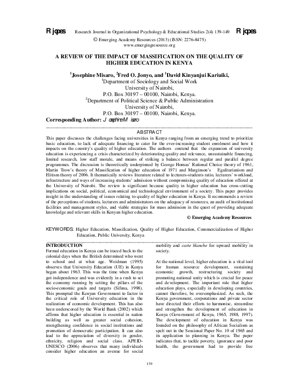 (PDF) A REVIEW OF THE IMPACT OF MASSIFICATION ON THE QUALITY OF HIGHER EDUCATION IN KENYA