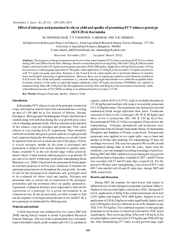 (PDF) Effect of nitrogen and potassium levels on yield and quality of promising FCV tobacco ...