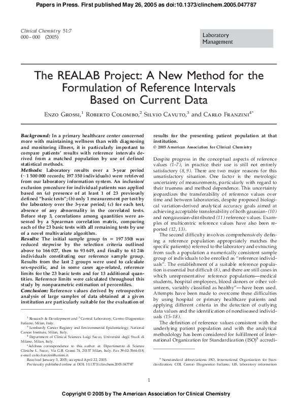 (PDF) The REALAB Project: A New Method for the Formulation of Reference Intervals Based on ...
