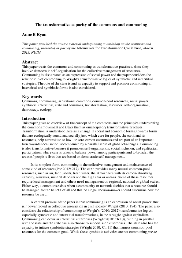 The transformative capacity of the commons and commoning