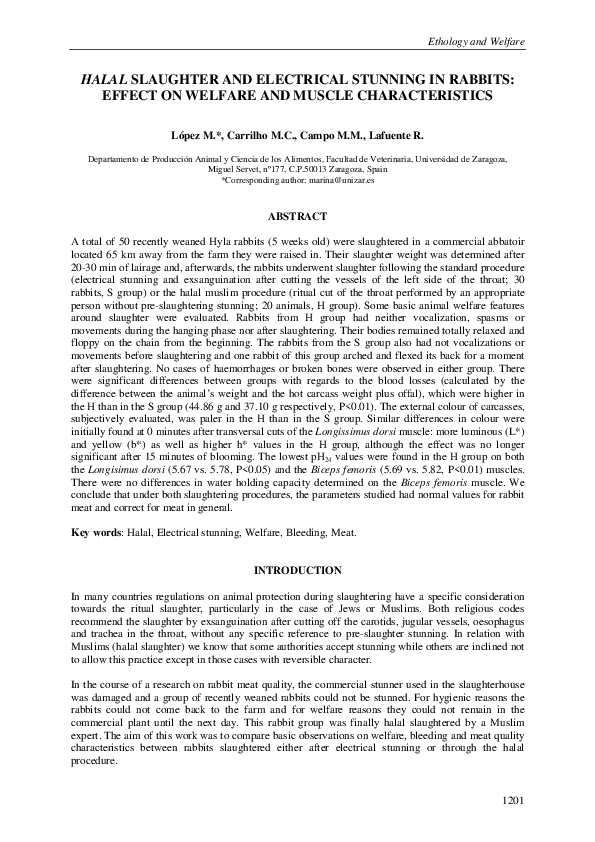 (PDF) Ethology and Welfare 1201 HALAL SLAUGHTER AND ELECTRICAL STUNNING ...