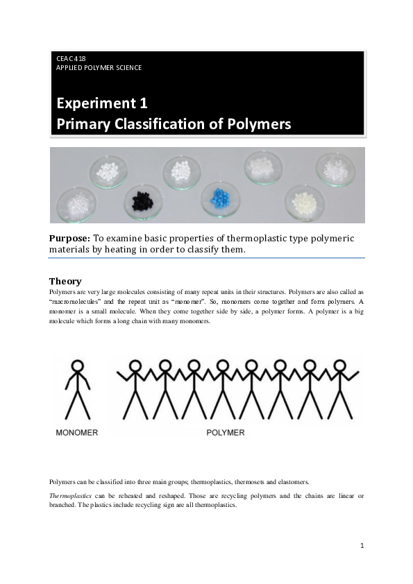 (DOC) Purpose Experiment 1 Primary Classification of Polymers