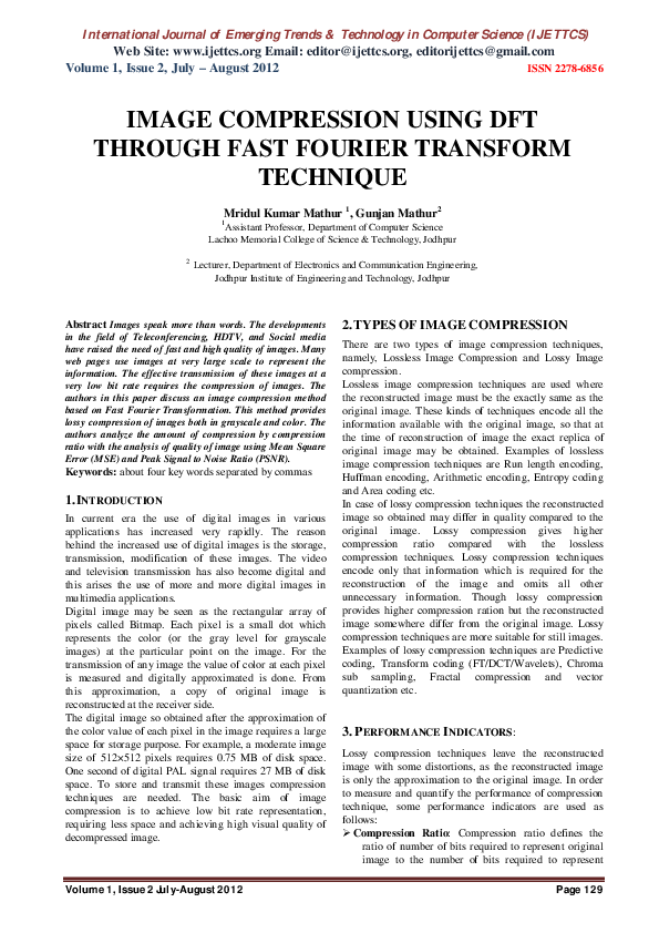 Pdf Image Compression Using Dft Through Fast Fourier Transform Technique