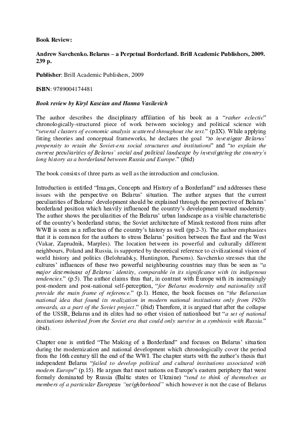 (DOC) Book Review: Andrew Savchenko. Belarus – a Perpetual Borderland