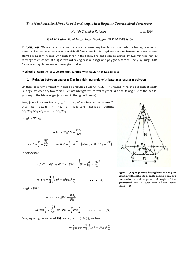 (PDF) Two Mathematical Proofs of Bond Angle in Regular Tetrahedral ...