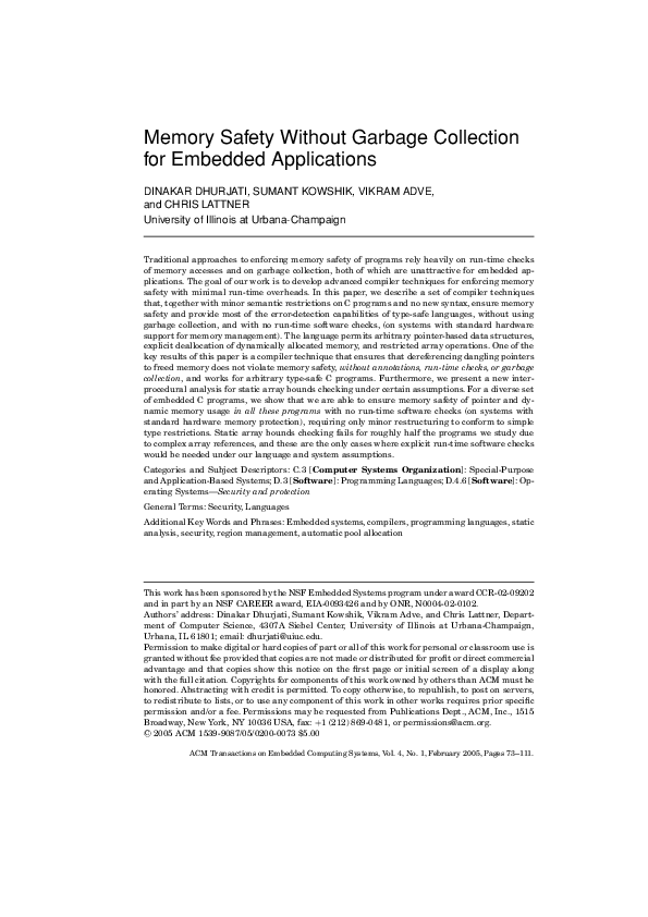 Pdf Memory Safety Without Garbage Collection For Embedded Applications
