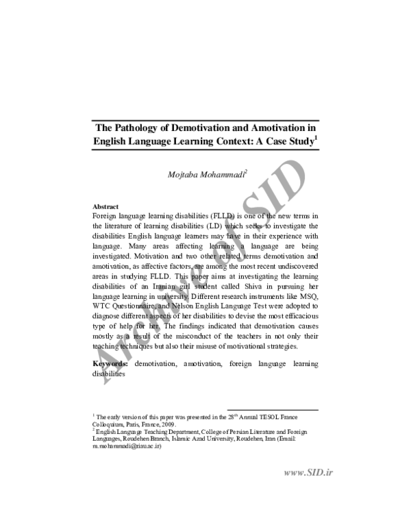 Pdf The Pathology Of Demotivation And Amotivation In English Language Learning Context A Case