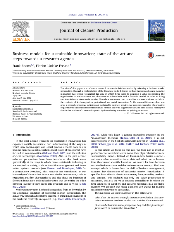 (PDF) Business models for sustainable innovation: state-of-the-art and ...