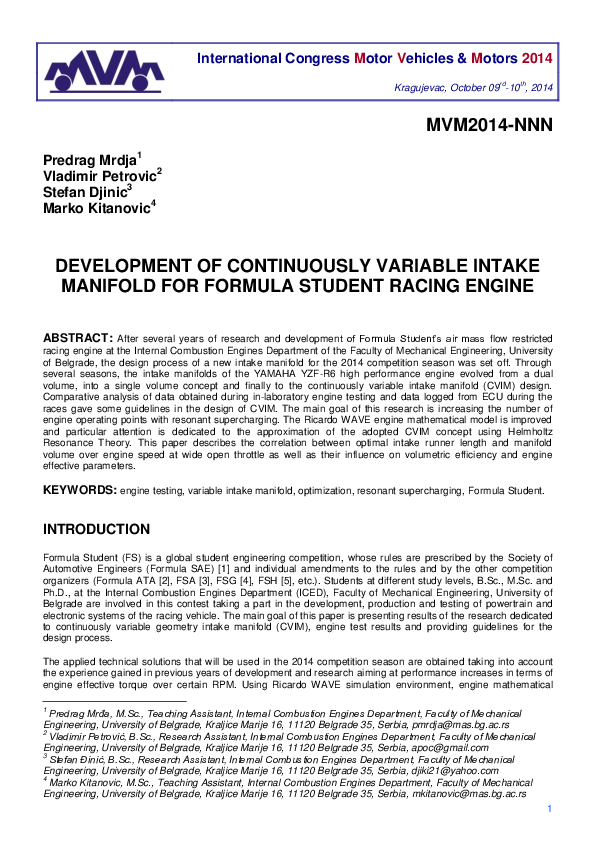 (PDF) Development of Continuously Variable Intake Manifold for Formula ...