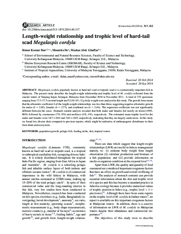 (PDF) Length-weight relationship and trophic level of hardtail scad ...