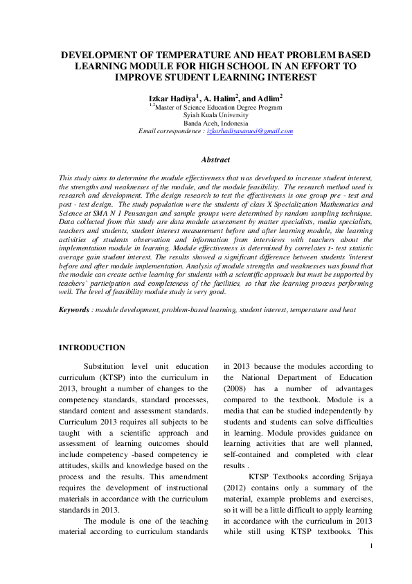 Development of Temperature and Heat Problem Based Learning Module for ...