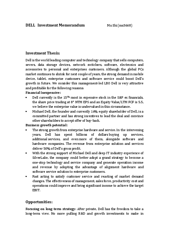(DOC) DELL Investment Memorandum