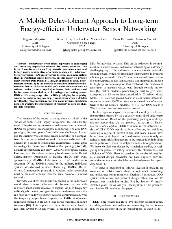 (PDF) A Mobile Delay-tolerant Approach to Long-term Energy-efficient Underwater Sensor Networking