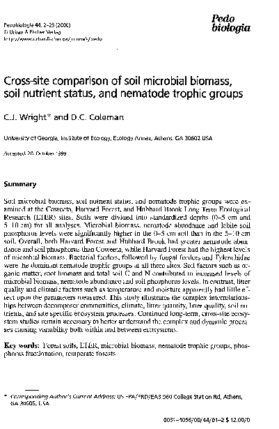 (PDF) Cross-site comparison of soil microbial biomass, soil nutrient status, and nematode ...