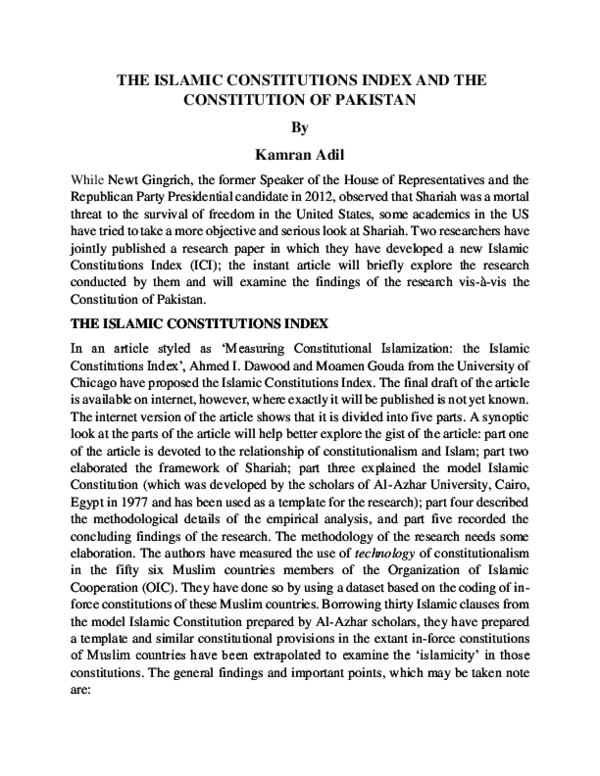 (PDF) THE ISLAMIC CONSTITUTIONS INDEX AND THE CONSTITUTION OF PAKISTAN