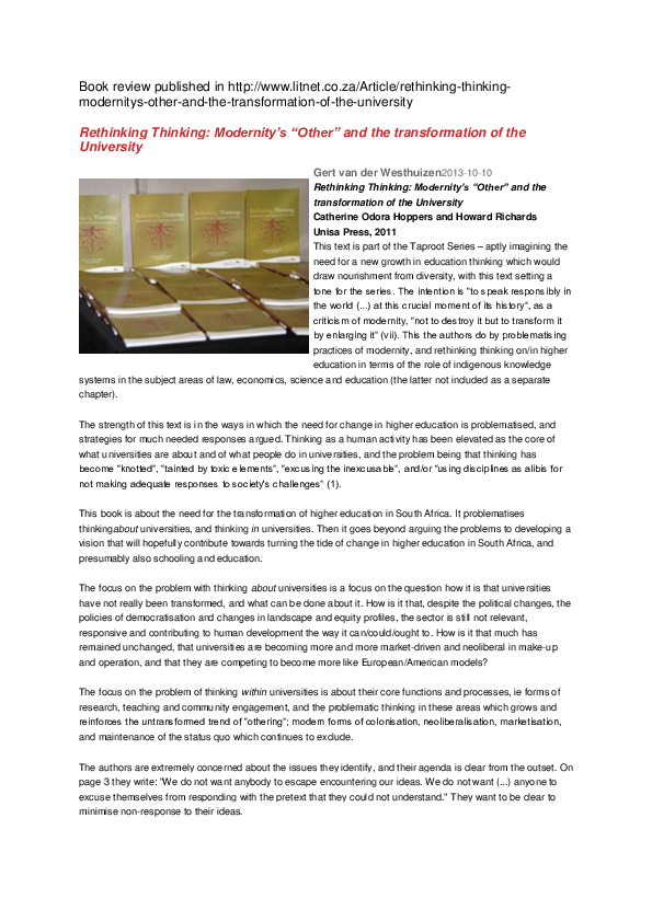 (PDF) Book review "RETHINKING THINKING" by Odora Hoppers