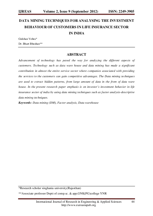 (PDF) DATA MINING TECHNIQUES FOR ANALYSING THE INVESTMENT BEHAVIOUR OF CUSTOMERS IN LIFE ...